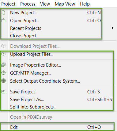 Menu Project - PIX4Dmapper